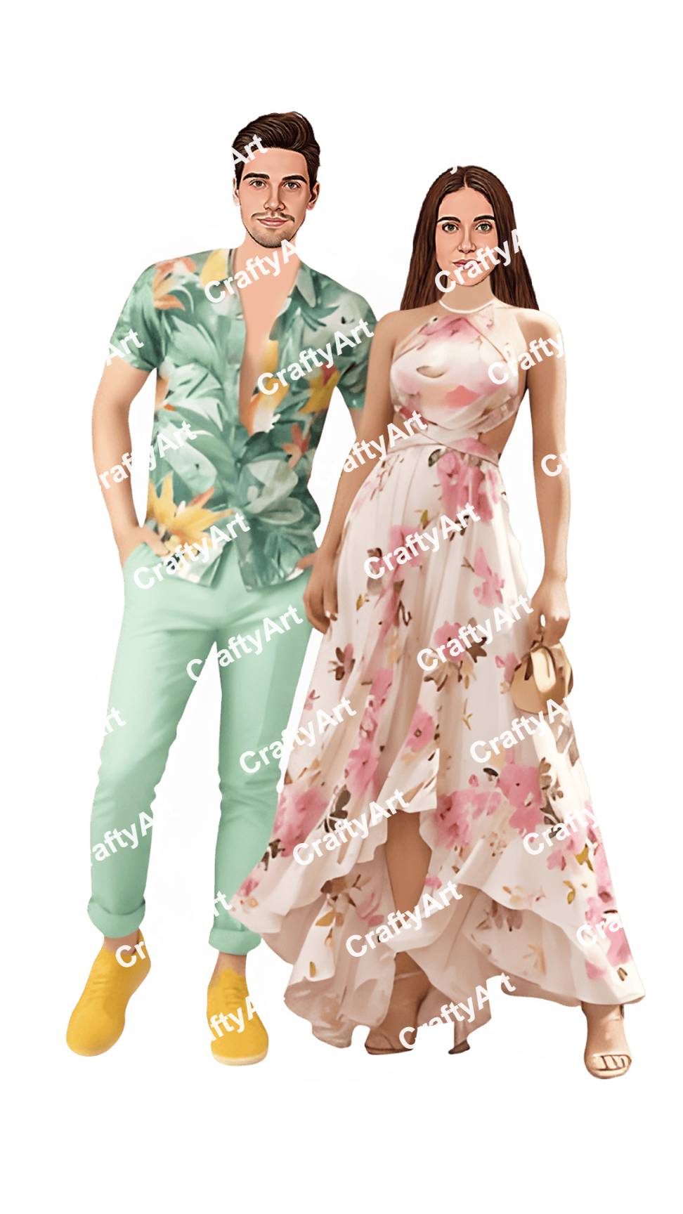 Summer Party Caricature Couple in Floral Outfits
