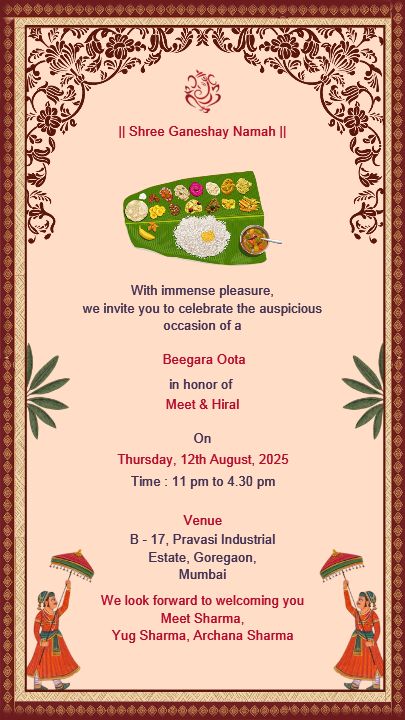 Decorative Beegara Oota Invitation Card
