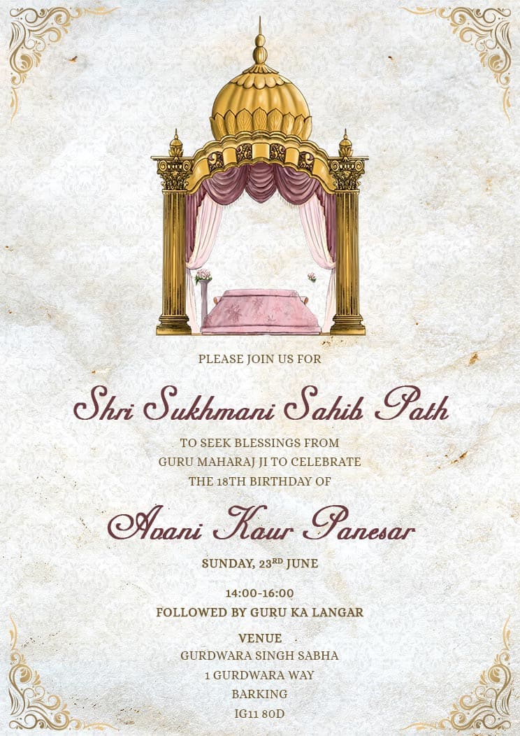 Sukhmani Sahib Path Invitation card with Sri Harmandir Sahib