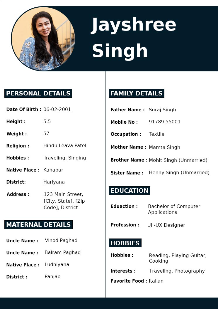 Free Format Biodata for Job