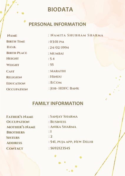 Girls Biodata Template For Marriage