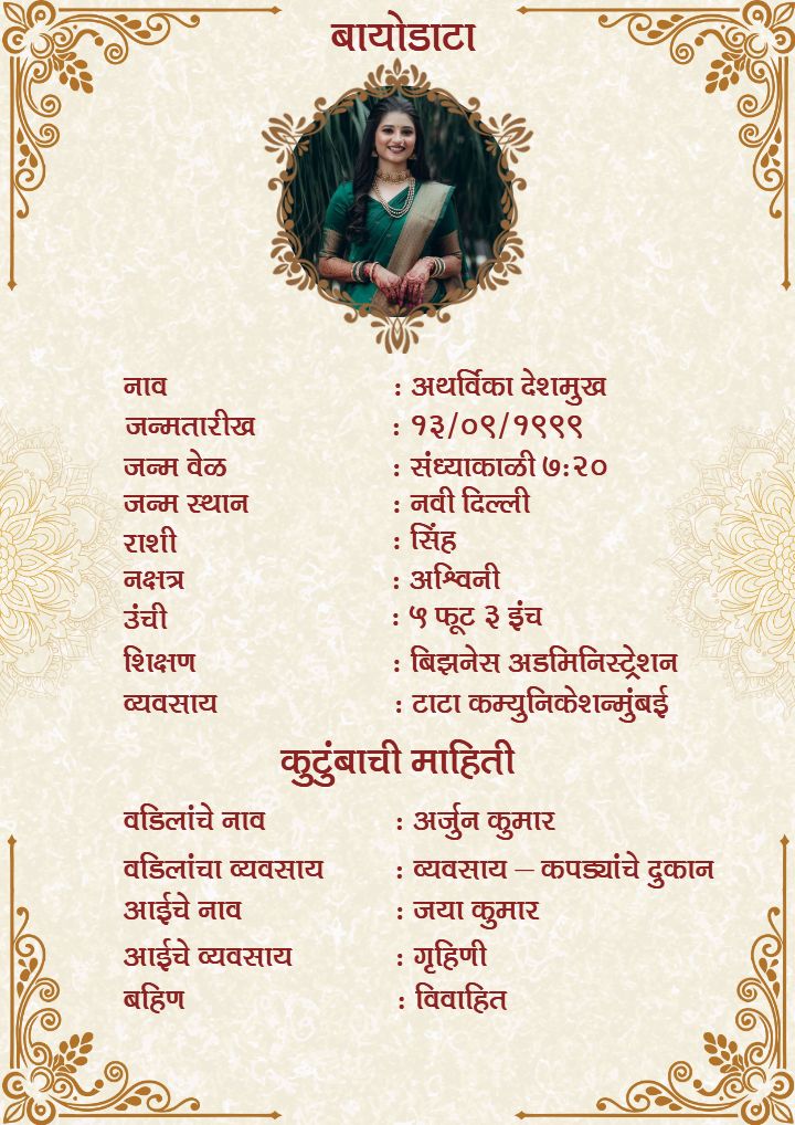 Marriage Biodata for Girl in Marathi Templates
