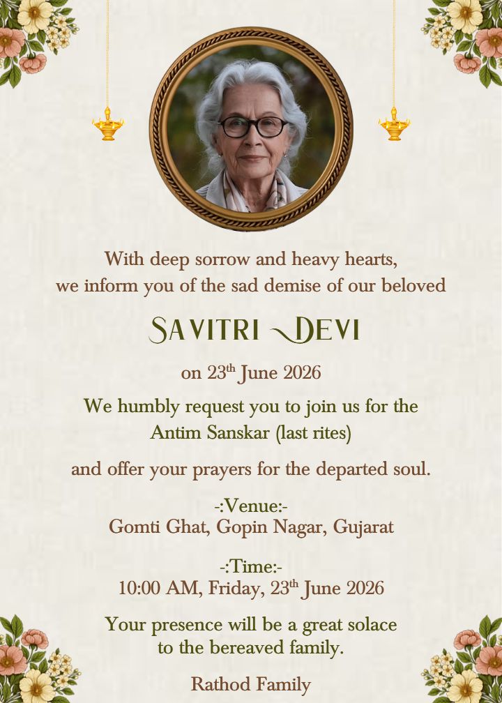 Gujarati Antim Yatra Card With Floral Design