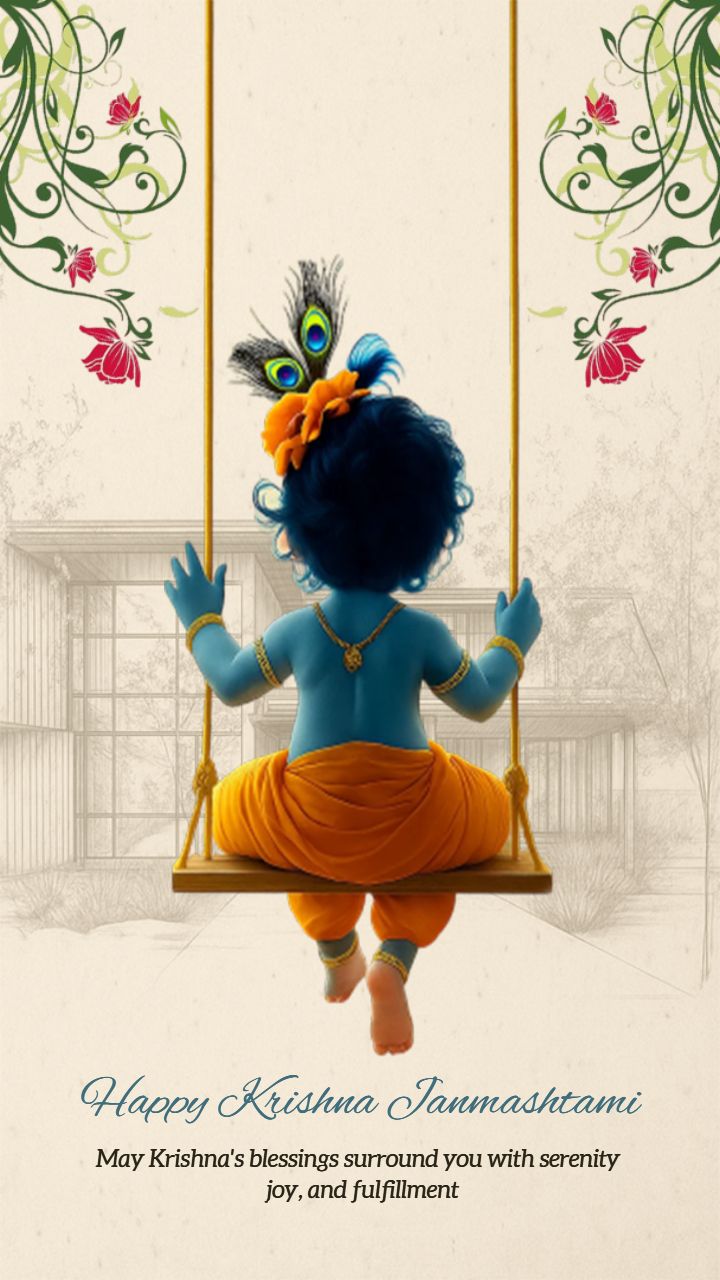 Happy Janmashtami Images with Baby Krishna on a Swing