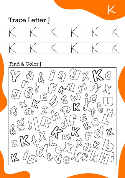 White & ArtyClick Orange Background Trace Letter k A4 Page