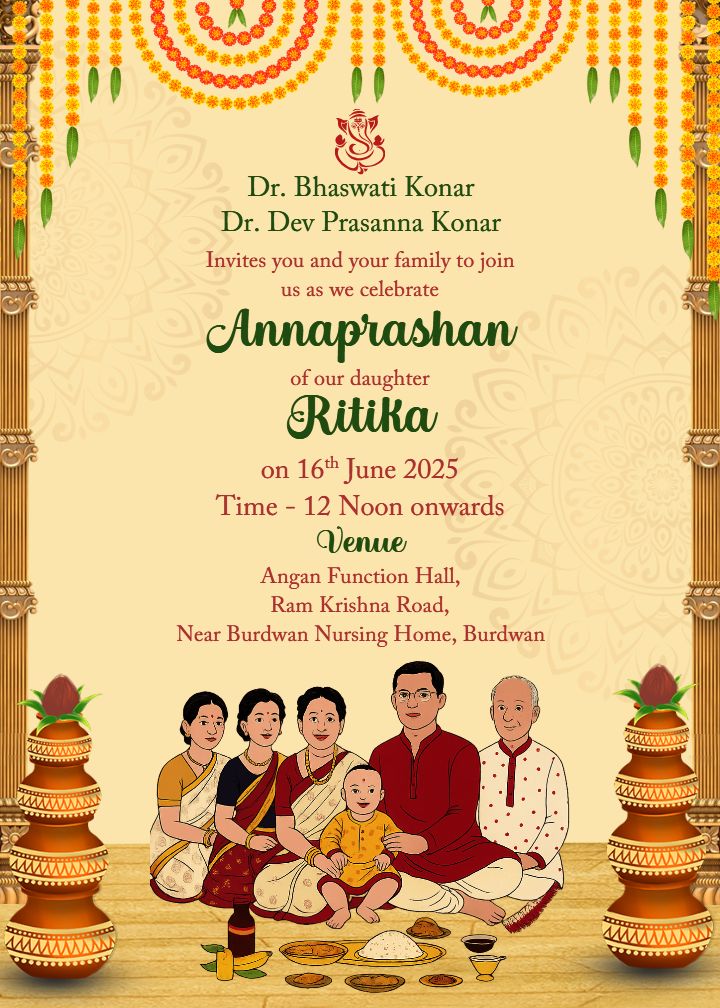 Annaprashan Invitation Card With Bengali Family Illustration