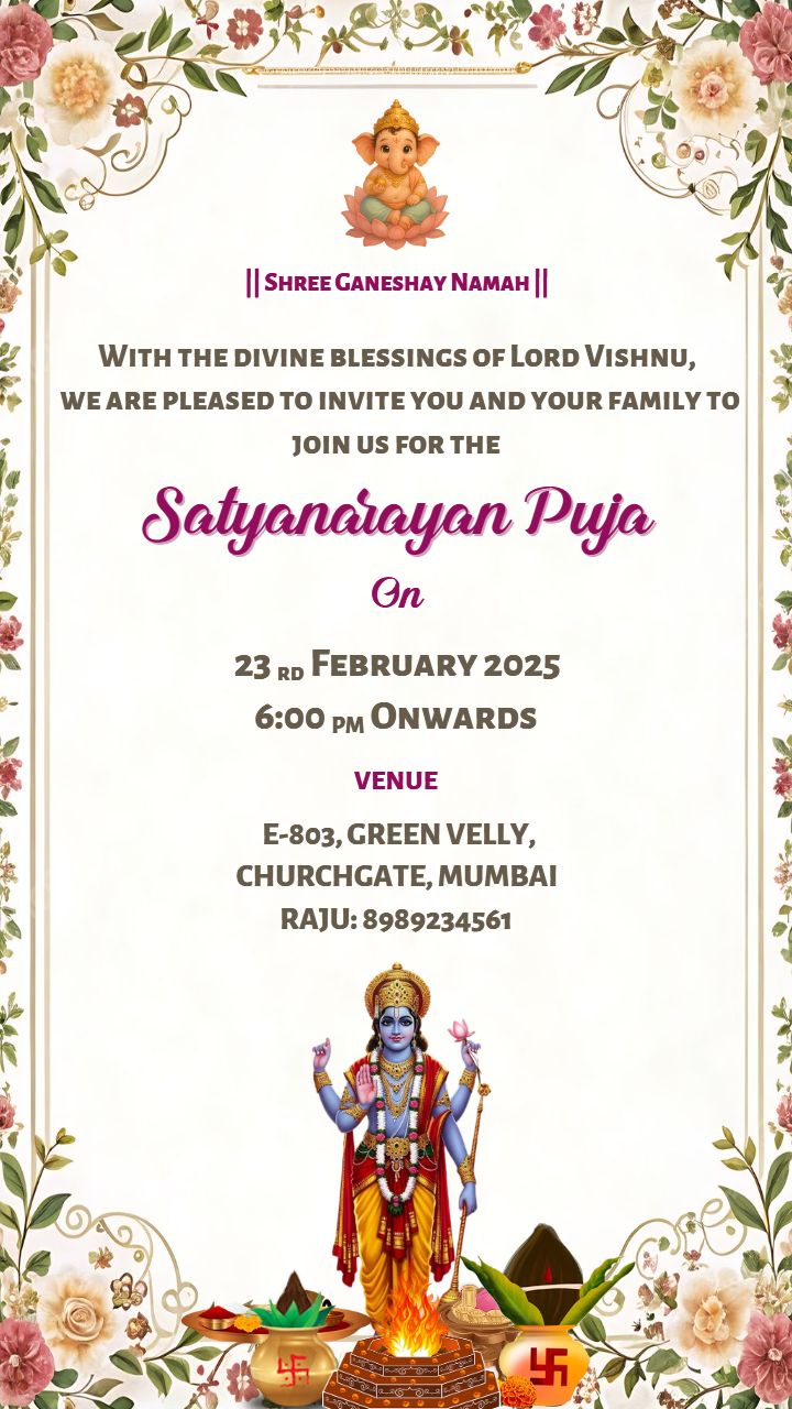 Satyanarayan Puja Invitation Card Free Download Online Now