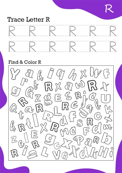 White & Purple Heart Background Trace Letter R A4 Page
