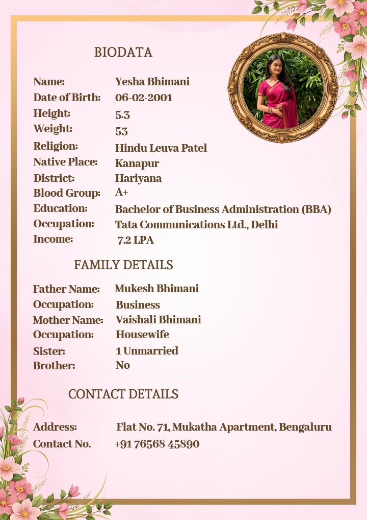 About Myself for Marriage Biodata Samples